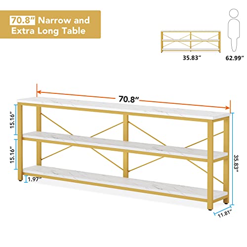 LITTLE TREE 70'' Narrow Long Sofa Console Table with 3-Tier Storage Shelf for Living Room, Faux Marble White & Gold