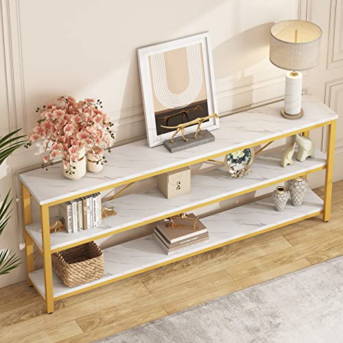 LITTLE TREE 70'' Narrow Long Sofa Console Table with 3-Tier Storage Shelf for Living Room, Faux Marble White & Gold