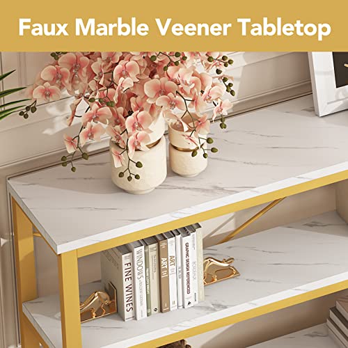LITTLE TREE 70'' Narrow Long Sofa Console Table with 3-Tier Storage Shelf for Living Room, Faux Marble White & Gold