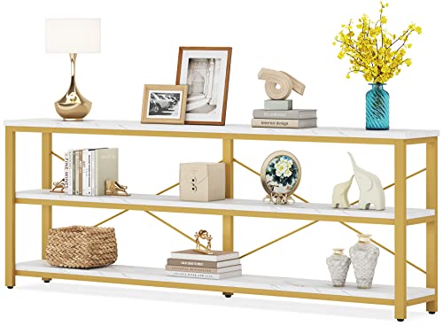 LITTLE TREE 70'' Narrow Long Sofa Console Table with 3-Tier Storage Shelf for Living Room, Faux Marble White & Gold