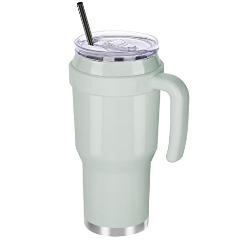 Rietore 40 oz Tumbler with Handle and Straw, Stainless Steel Tumblers Insulated Tumblers with Lids Double Wall Vacuum Coffee Travel Mug, Sweat Proof, Leak Proof, Light Emerald