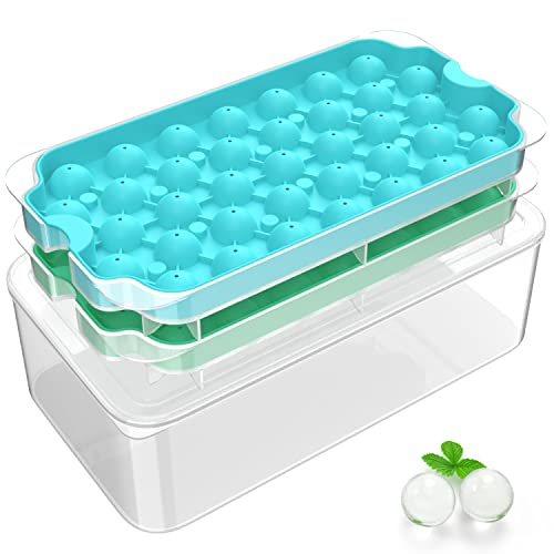 Upgrade Round Ice Cube Tray with Lid & Bin, TINANA Silicone Ice Ball Maker for Freezer, Easy Release Circle Ice Cube Tray with Container Make 74 Mini Ice Balls for Chilling Whiskey, Cocktail, Coffee