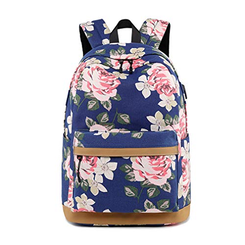 Floral School Backpack for Girls College Bookbags Travel Backpack Laptop Rucksack Travel Backpack with USB Charging Port, Casual Daypack for Women with USB Charging Port (Blue Floral)