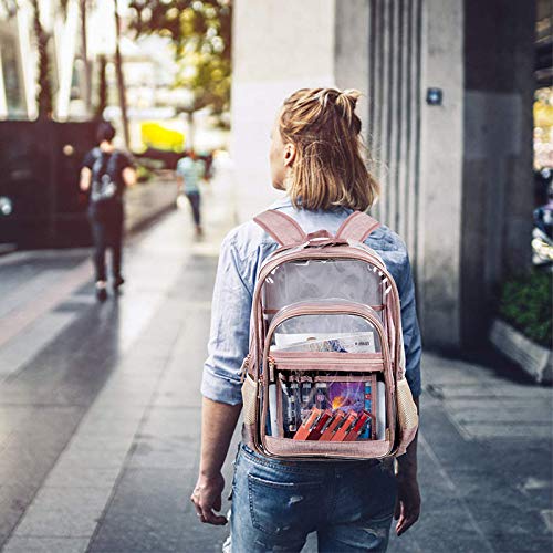 Heavy Duty Clear Backpack - 15L Large Transparent Bag with Adjustable Straps, Multiple Pockets & Compartments - Durable See-Through Plastic Clear Book Bag for School, Work, Travel - Rose Pink