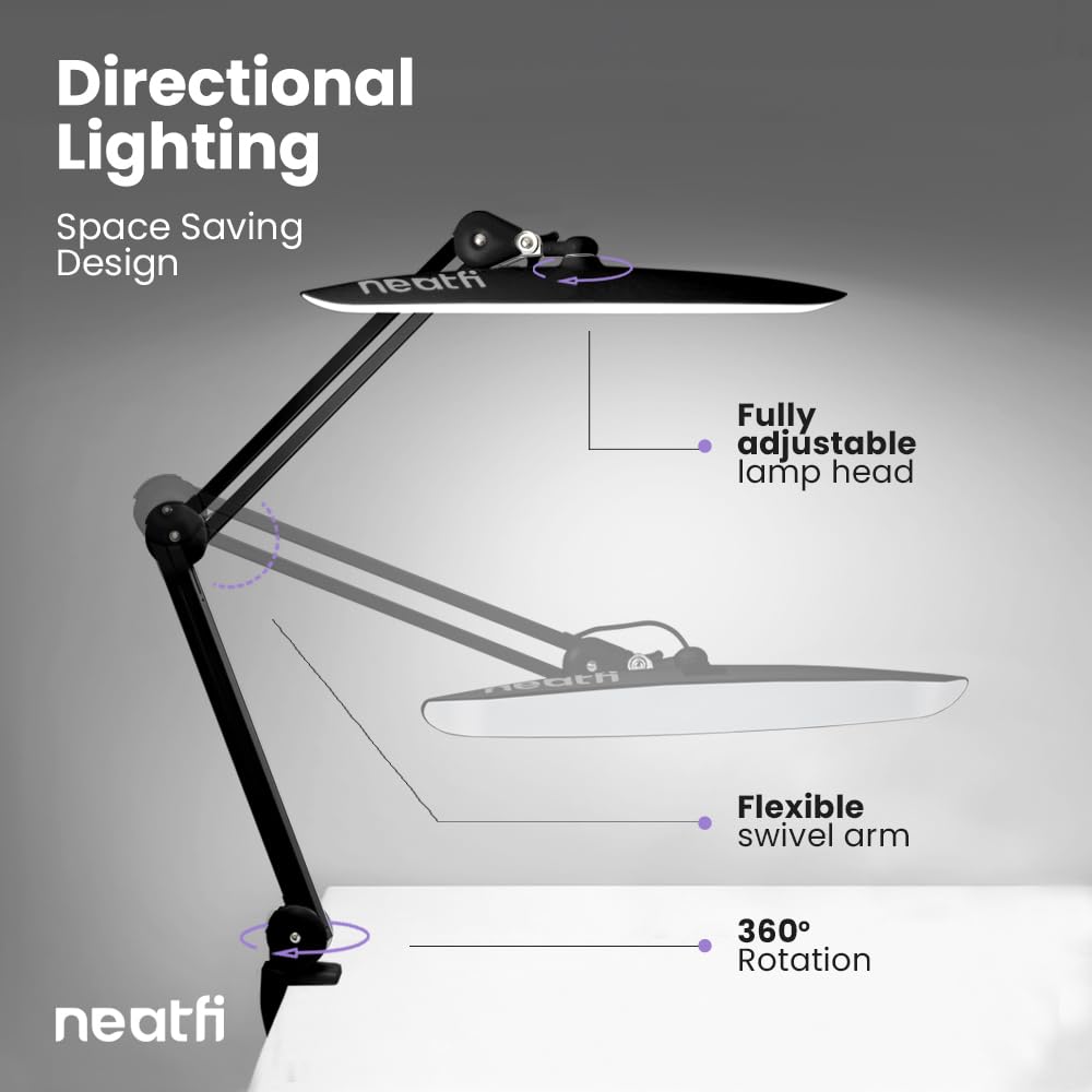 Neatfi XL 2,200 Lumens LED Task Lamp, 24W, 117 Pcs SMD LED, Dimmable, 4 Level Brightness, 3 Light Modes, Desk Light for Home, Office, Workbench (CCT, Black)