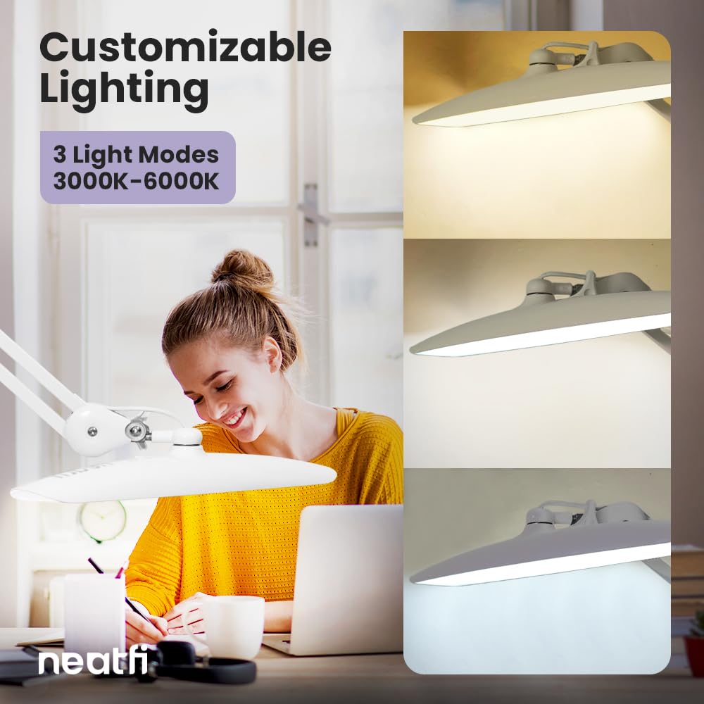 Neatfi XL 2,200 Lumens LED Task Lamp, 24W, 117 Pcs SMD LED, Dimmable, 4 Level Brightness, 3 Light Modes, Desk Light for Home, Office, Workbench (CCT, White)