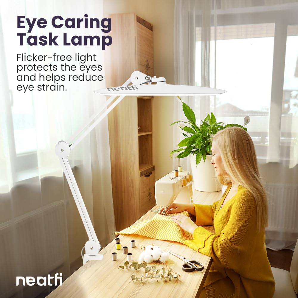 Neatfi XL 2,200 Lumens LED Task Lamp, 24W, 117 Pcs SMD LED, Dimmable, 4 Level Brightness, 3 Light Modes, Desk Light for Home, Office, Workbench (CCT, White)