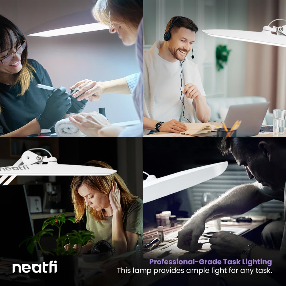 Neatfi XL 2,200 Lumens LED Task Lamp, 24W, 117 Pcs SMD LED, Dimmable, 4 Level Brightness, 3 Light Modes, Desk Light for Home, Office, Workbench (CCT, White)