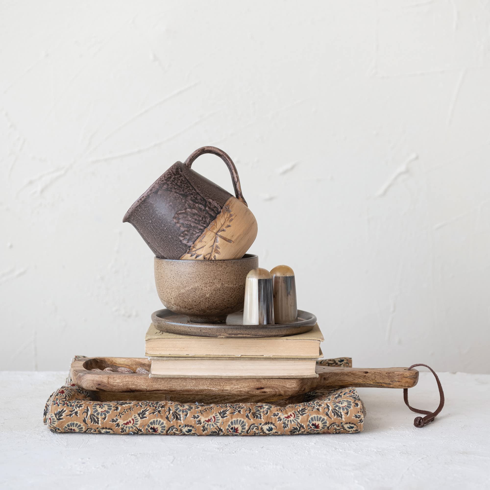 Creative Co-Op Stoneware Embossed Leaf Design, Matte Black and Brown Pitcher