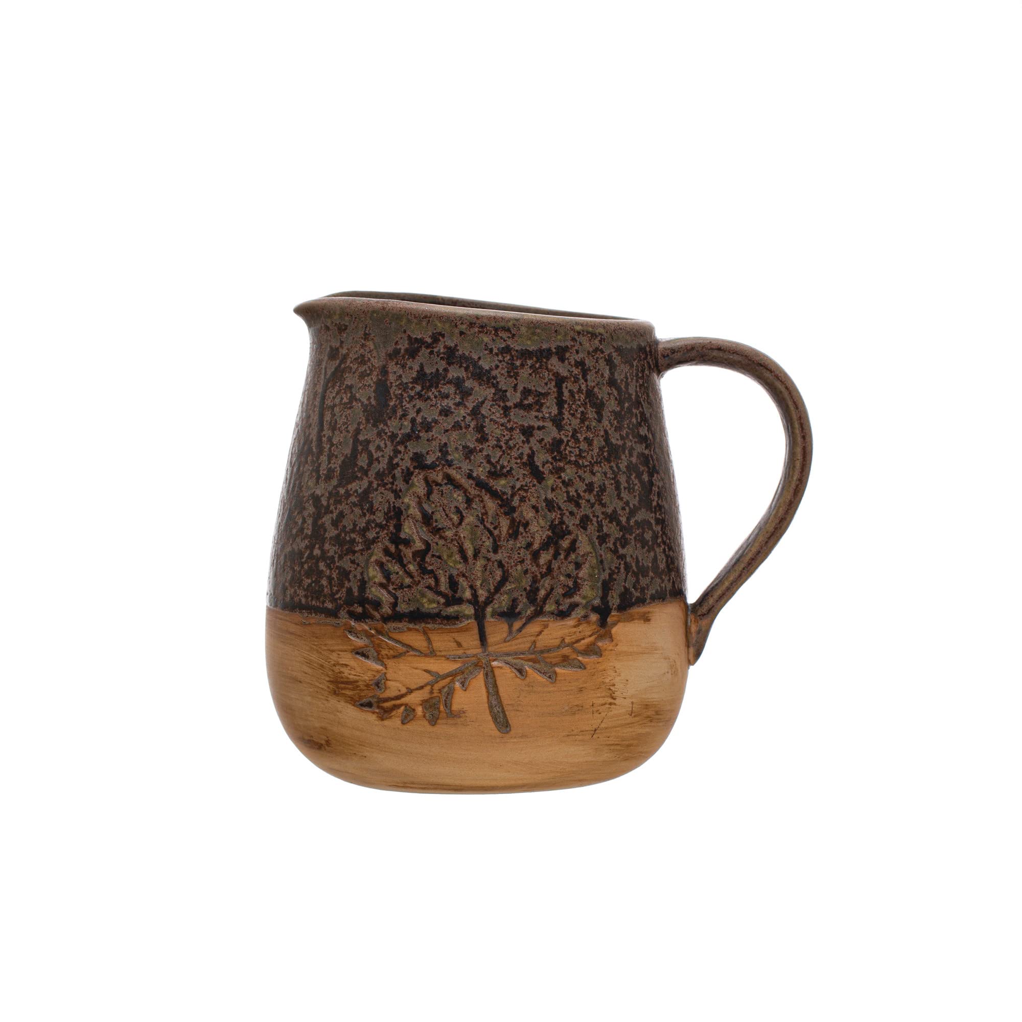 Creative Co-Op Stoneware Embossed Leaf Design, Matte Black and Brown Pitcher