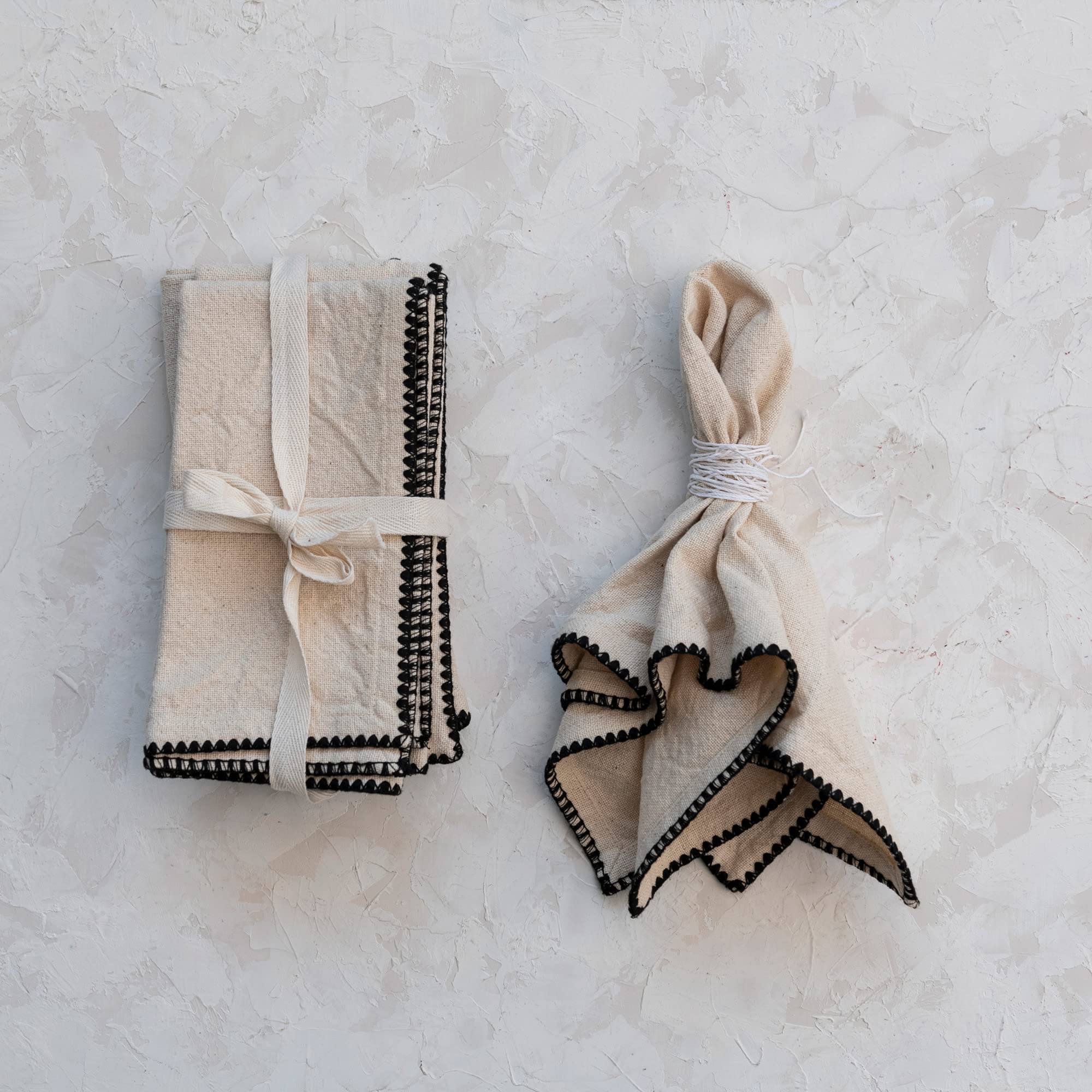 Creative Co-Op Modern Farmhouse Square Cotton Embroidered Trim, Natural and Black Napkin, Ivory