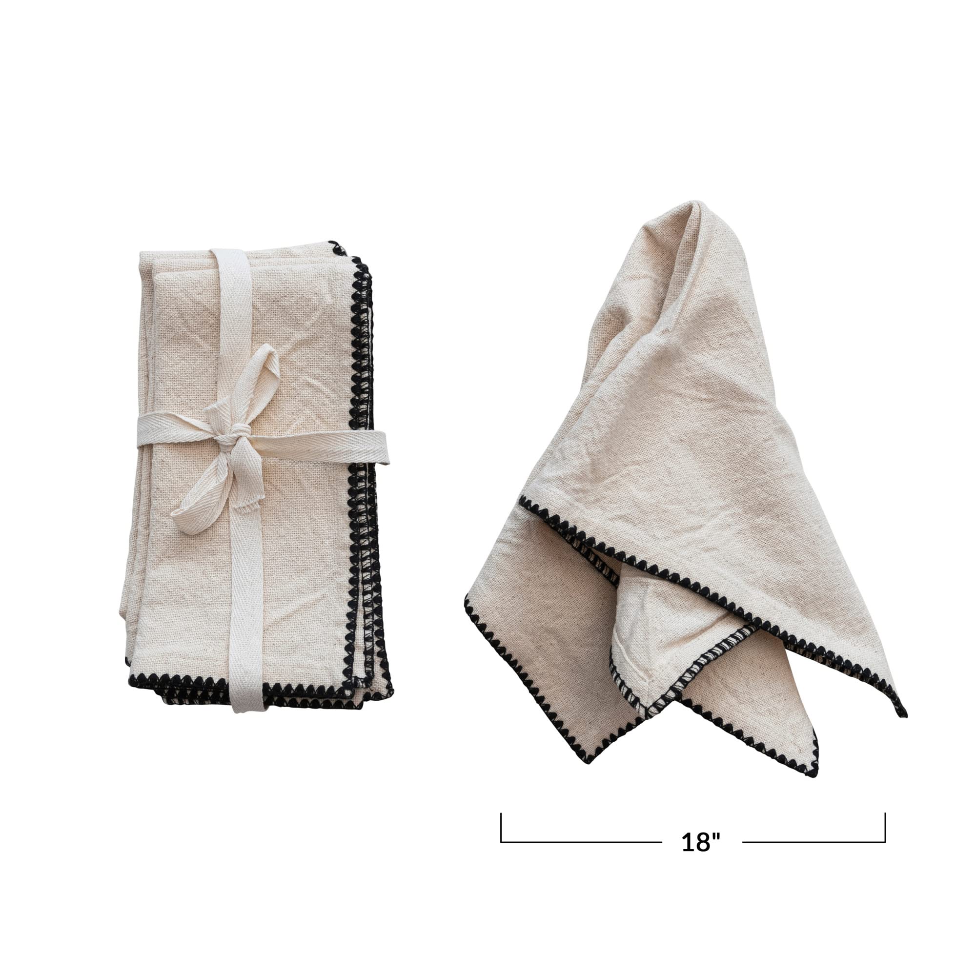 Creative Co-Op Modern Farmhouse Square Cotton Embroidered Trim, Natural and Black Napkin, Ivory