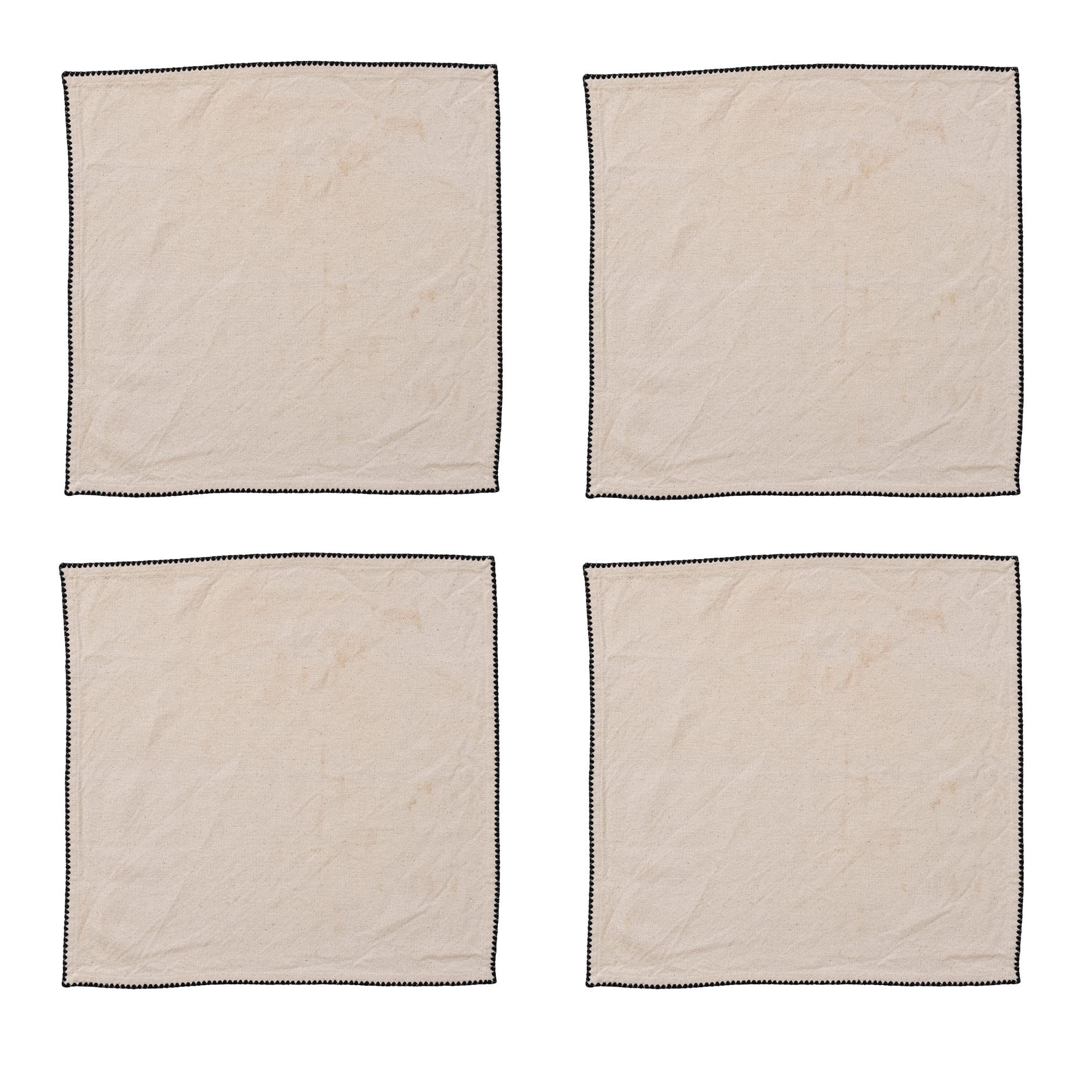 Creative Co-Op Modern Farmhouse Square Cotton Embroidered Trim, Natural and Black Napkin, Ivory