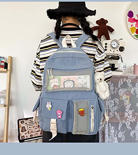 Kawaii Backpack Aesthetic Laptop Bag Large Capacity School Bag 17in Cute Bookbag Backpacks for Girls with Badge&Cute Pendant Blue2