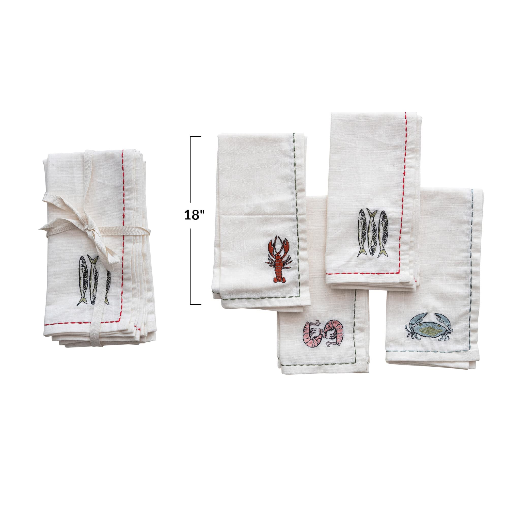 Creative Co-Op Cotton Sea Life Embroidery, Set of 4 Styles, Multicolor Napkin, Multi