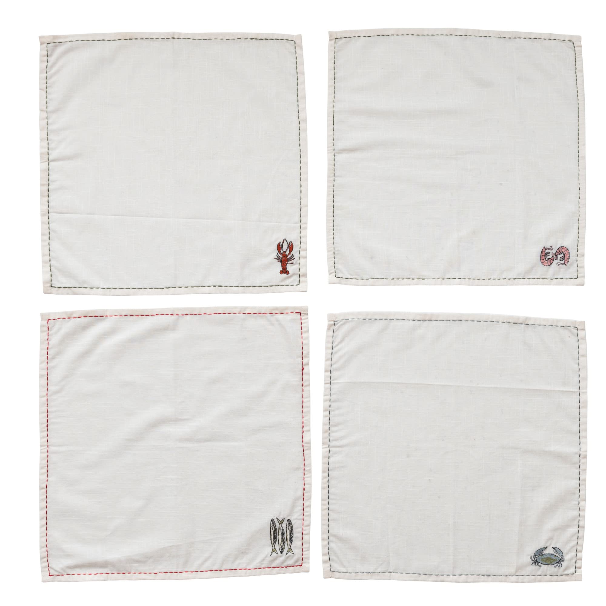 Creative Co-Op Cotton Sea Life Embroidery, Set of 4 Styles, Multicolor Napkin, Multi