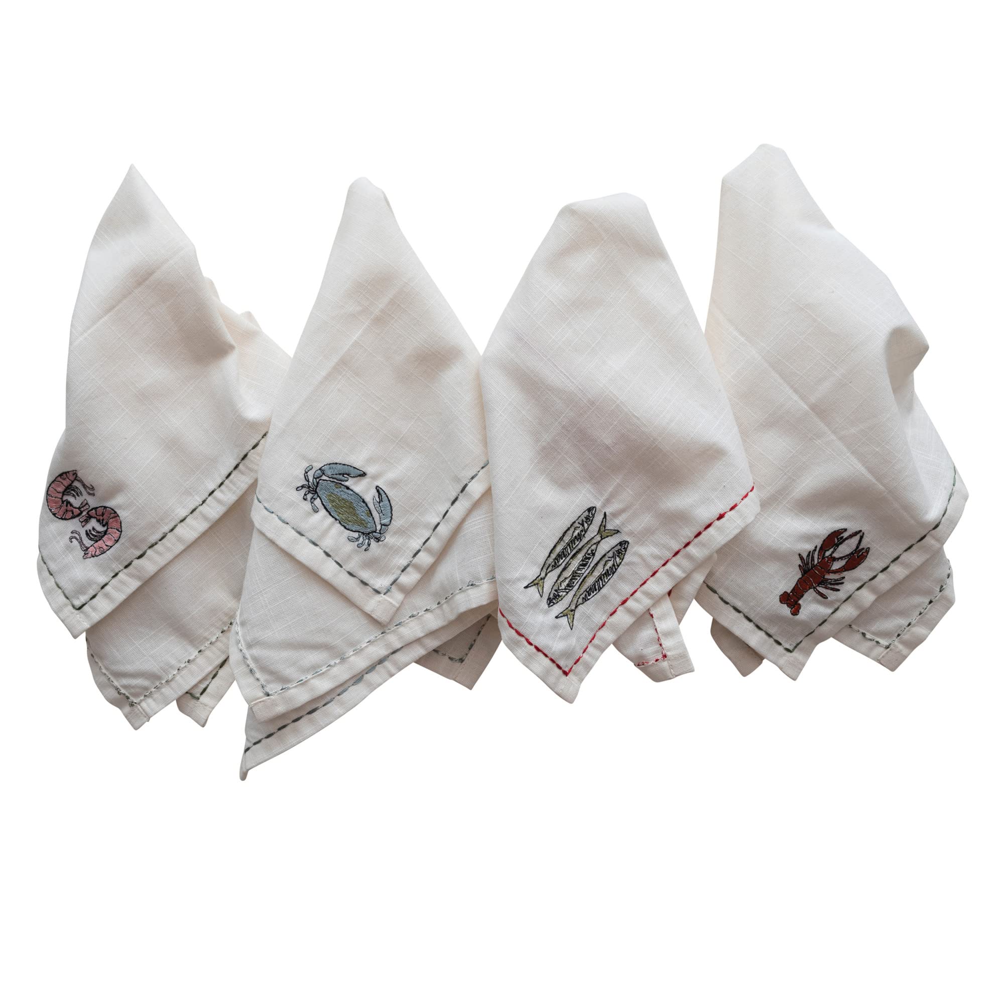 Creative Co-Op Cotton Sea Life Embroidery, Set of 4 Styles, Multicolor Napkin, Multi