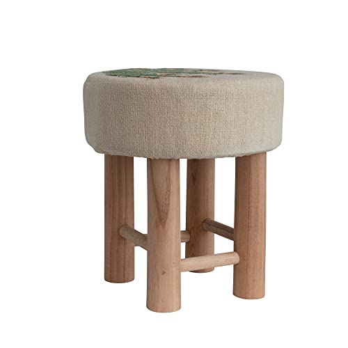 Creative Co-Op Boho Cotton Upholstered Floral Embroidery and Oak Wood Legs, Multicolor Stool, Ivory