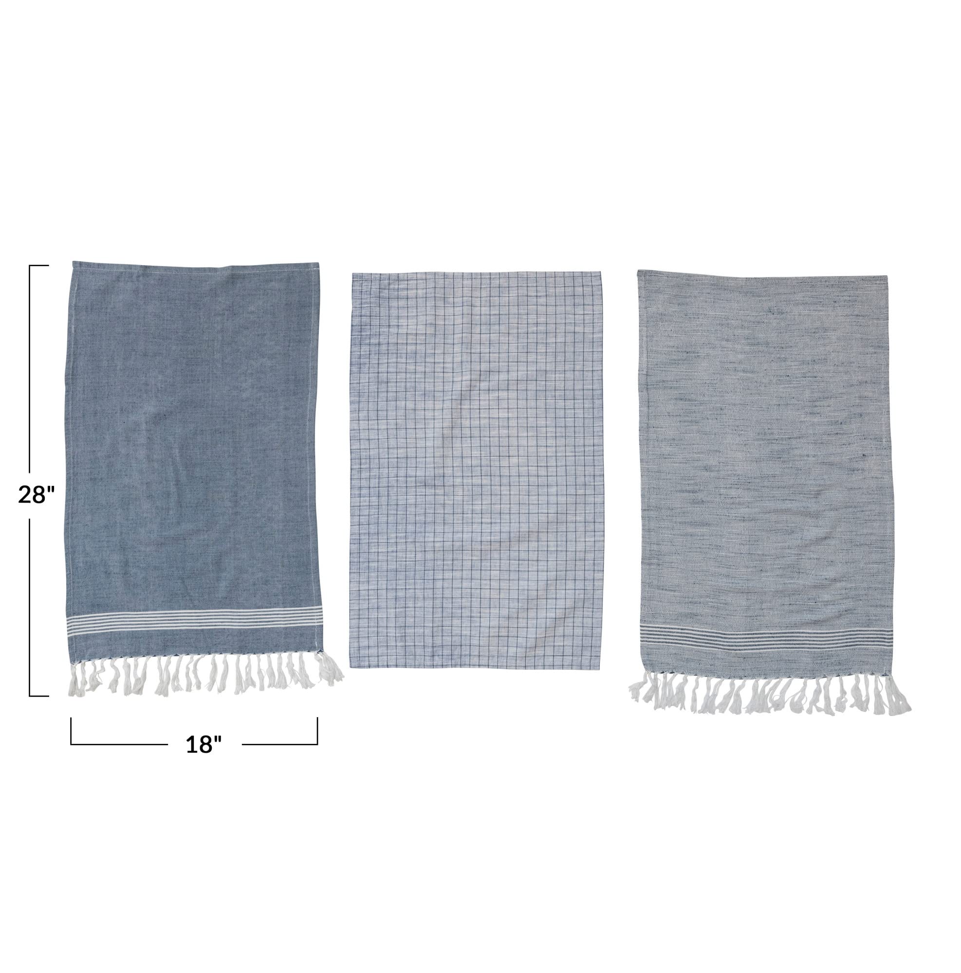 Creative Co-Op Cotton Blend Patterns and Fringe, Set of 3 Styles, Blue and White Tea Towel