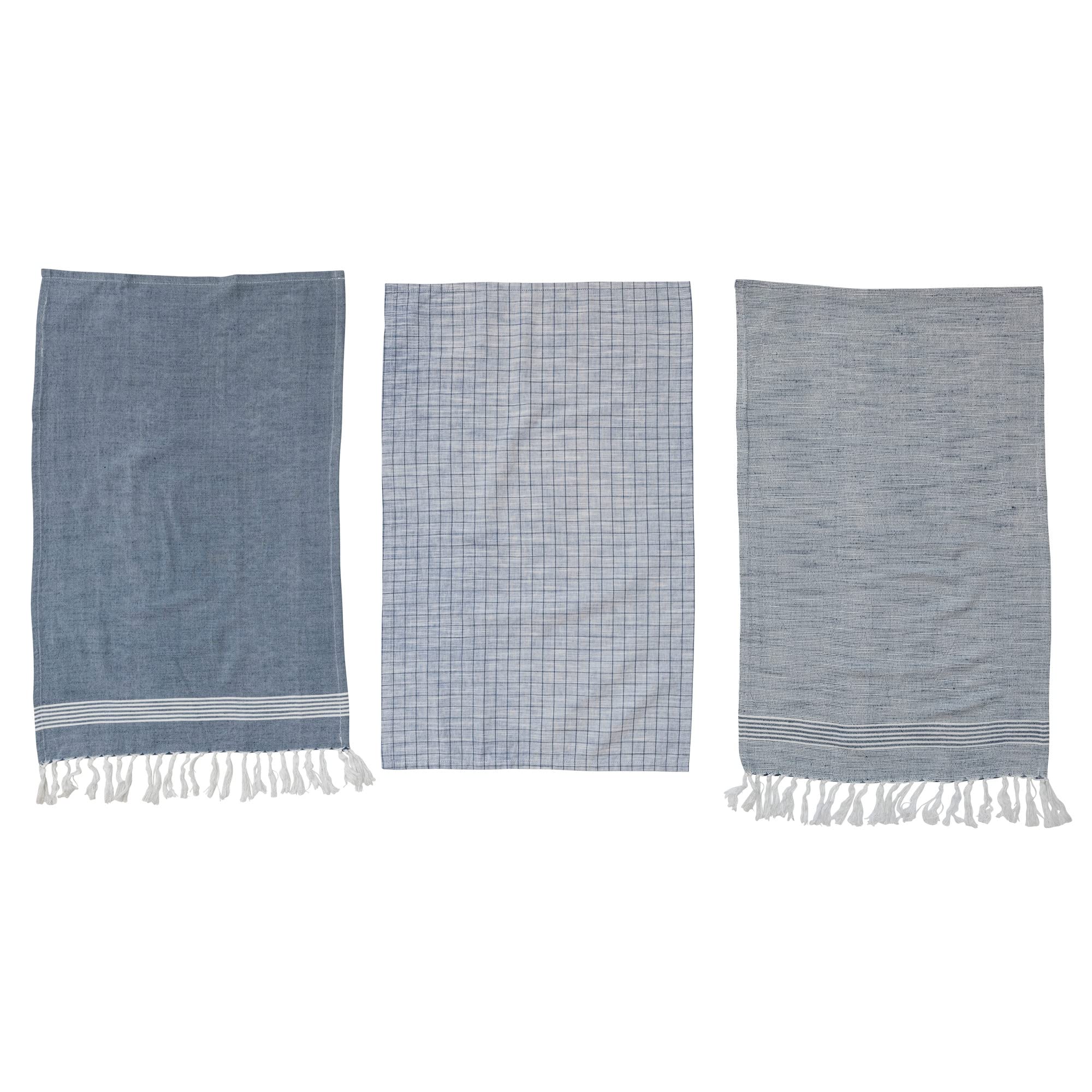 Creative Co-Op Cotton Blend Patterns and Fringe, Set of 3 Styles, Blue and White Tea Towel