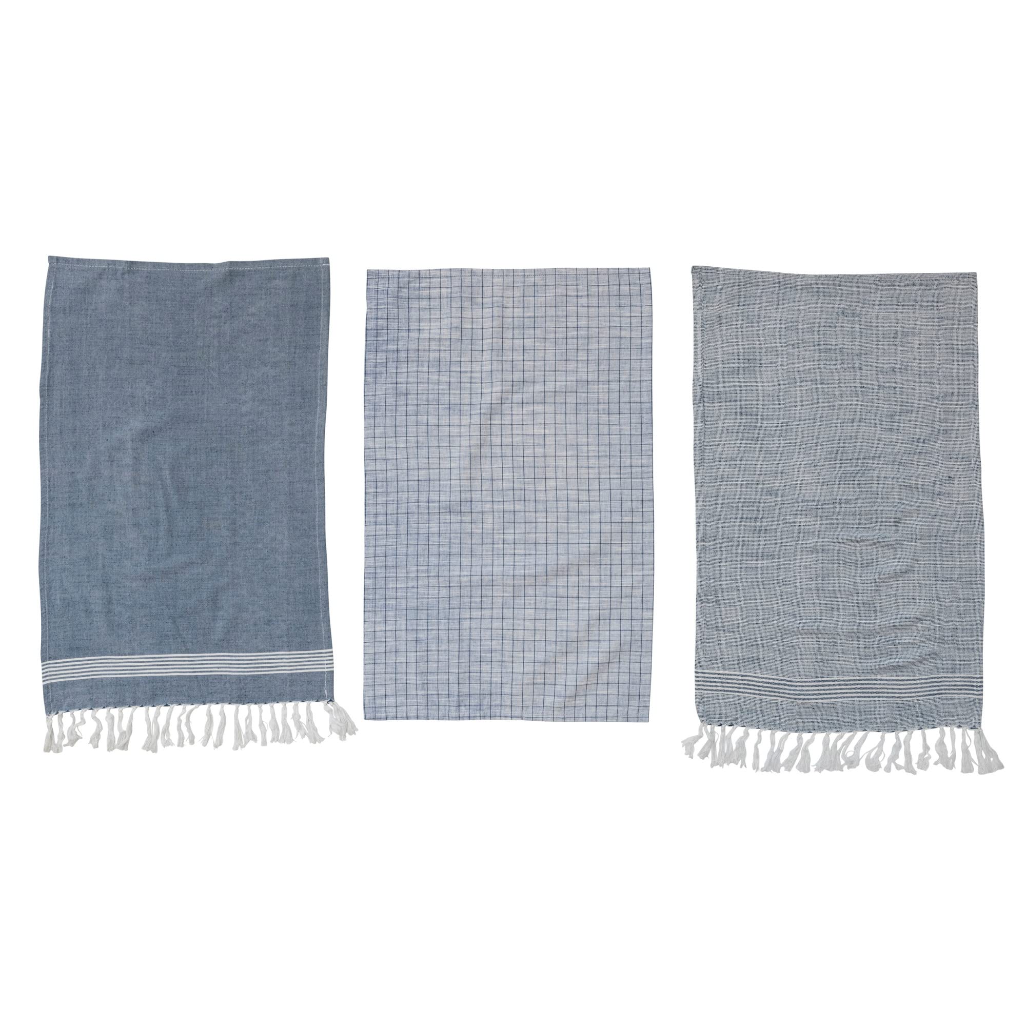 Creative Co-Op Cotton Blend Patterns and Fringe, Set of 3 Styles, Blue and White Tea Towel