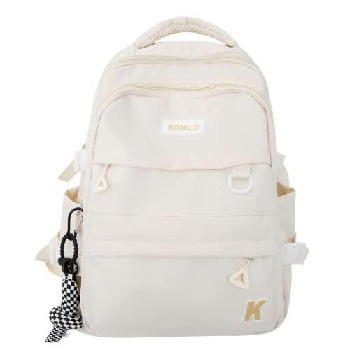 Large Simple Kawaii Backpack with Pendant for Girl Teen College Student High School Laptop Book Bag Travel Waterproof (Beige)