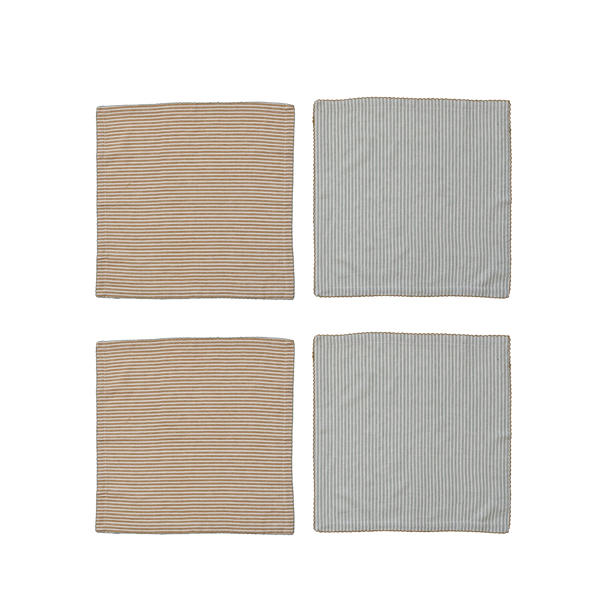 Creative Co-Op Square Cotton Scalloped Edge and Stripes, Set of 4, 2 Colors Napkin, Multi