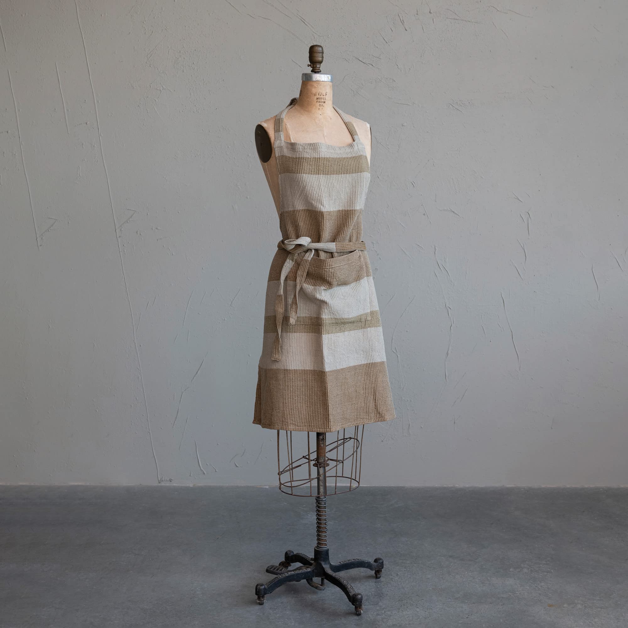 Creative Co-Op Cotton Waffle Weave Pocket and Stripes, Grey and Brown Apron, One-Size, Green
