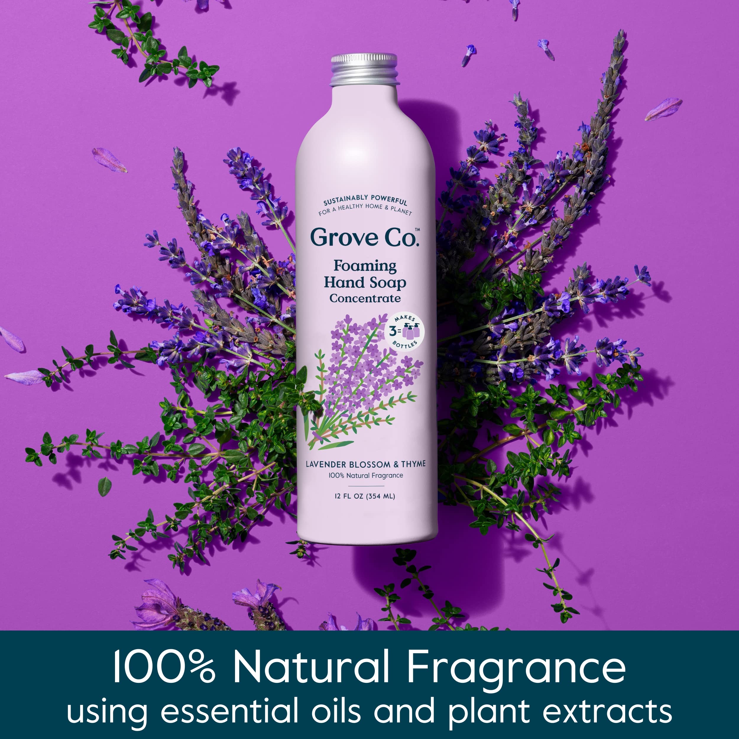 Grove Co. Foaming Hand Soap Concentrate (12 Fl Oz) + Reuseable Glass Soap Dispenser, Plastic Free and Liquid Refillable Starter Kit, Natural Lavender Blossom & Thyme Fragrance