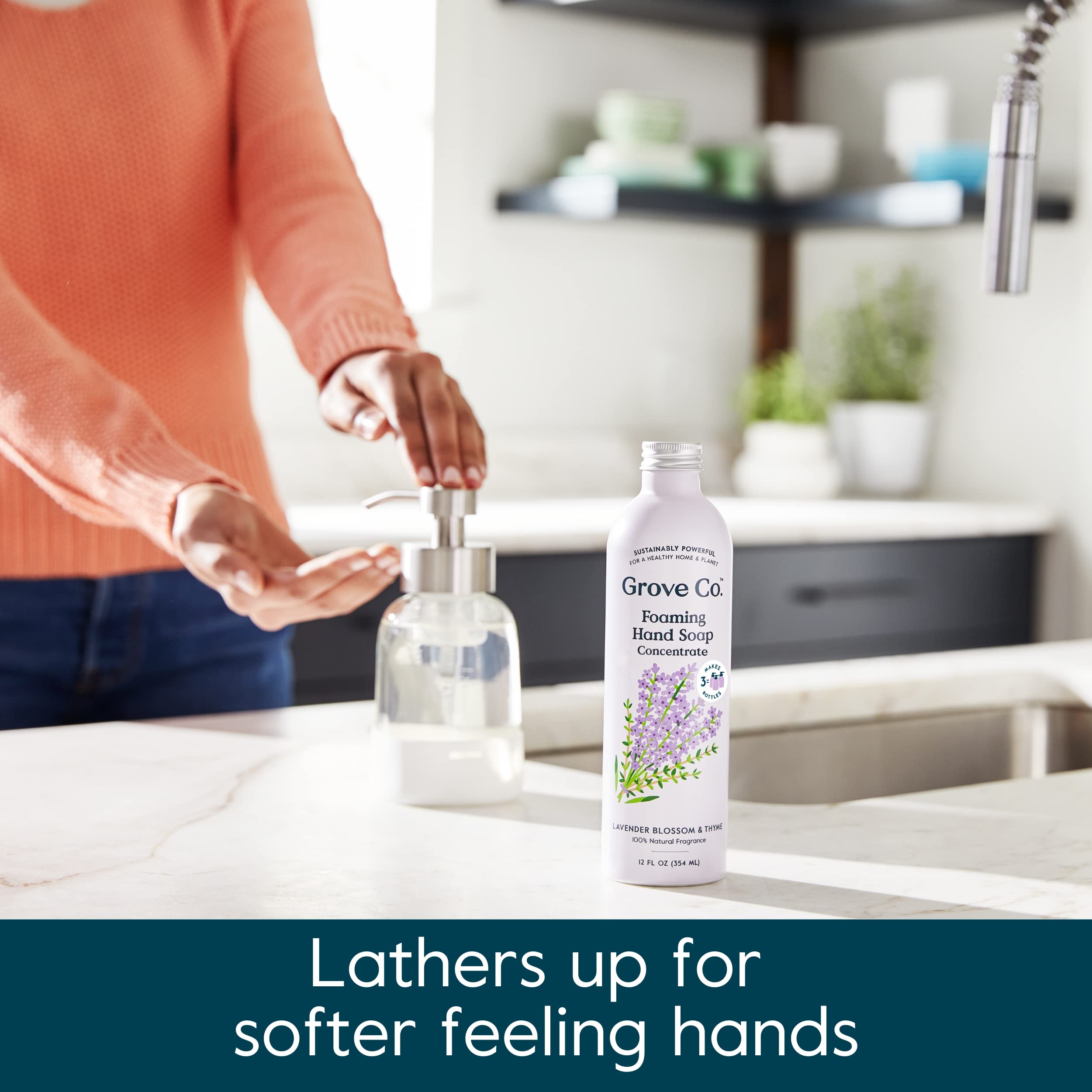 Grove Co. Foaming Hand Soap Concentrate (12 Fl Oz) + Reuseable Glass Soap Dispenser, Plastic Free and Liquid Refillable Starter Kit, Natural Lavender Blossom & Thyme Fragrance