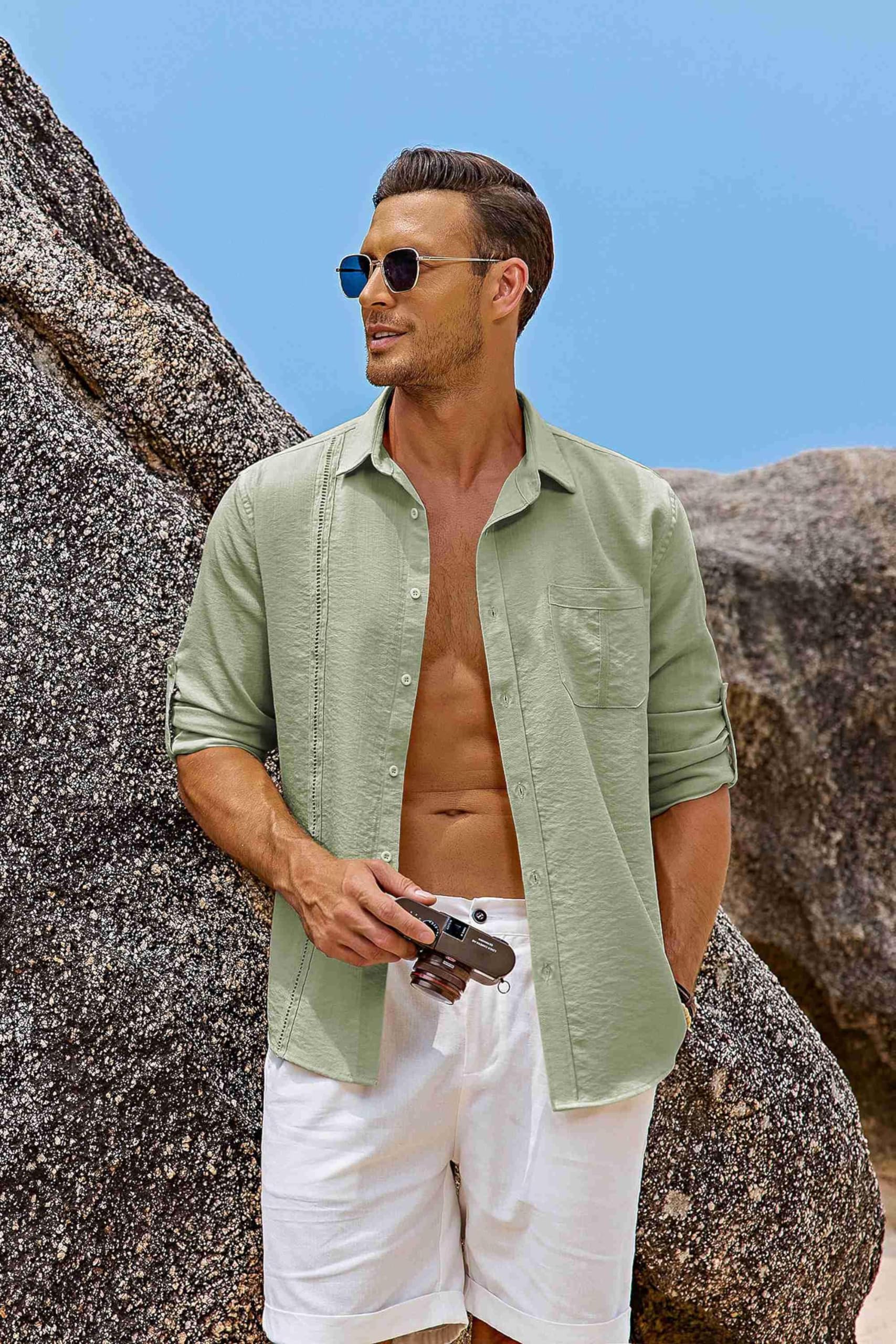 COOFANDY Guayabera Shirts for Men Long Sleeve Linen Cuban Shirts for Men Casual Button Down Shirts Beach Shirts Light Green