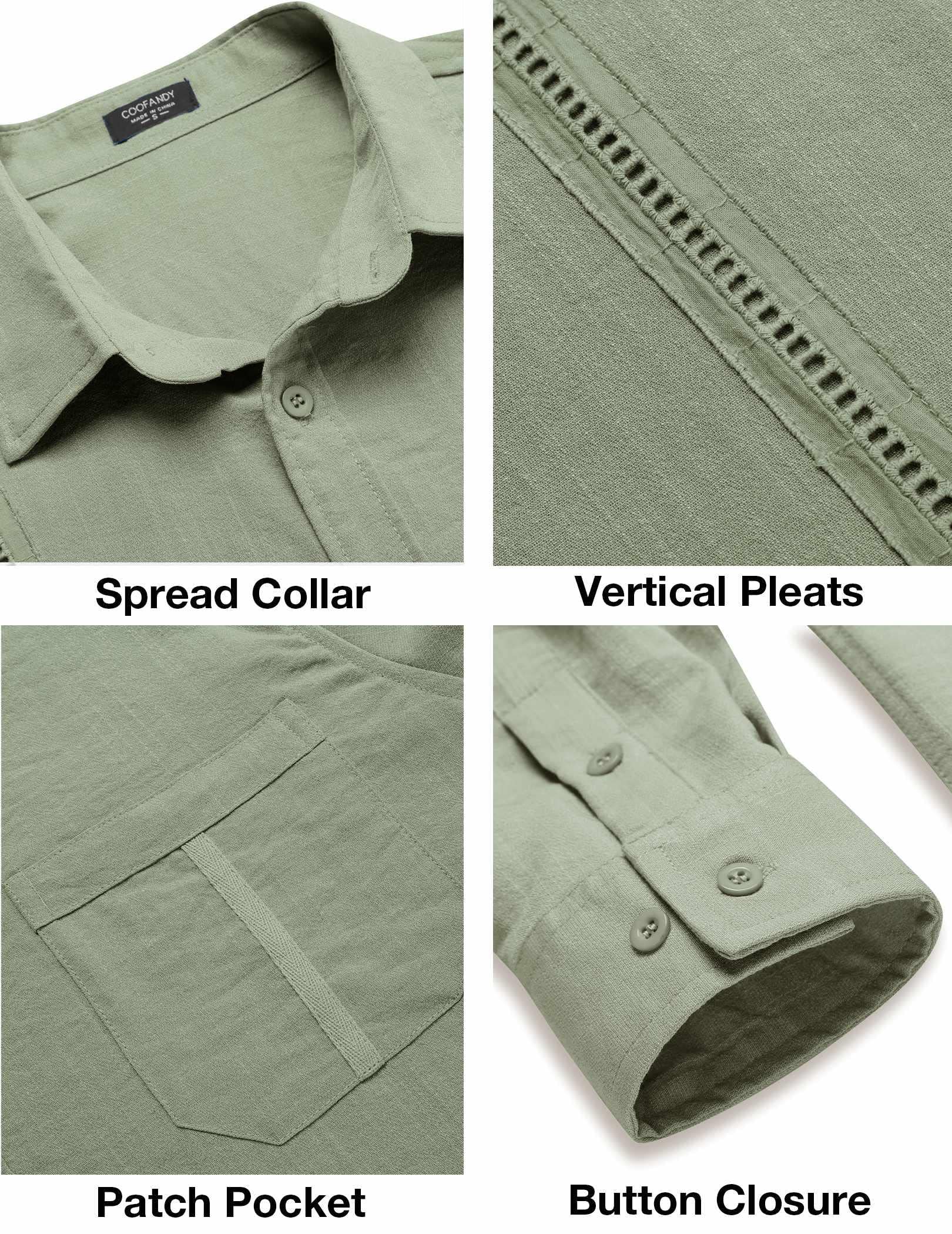 COOFANDY Guayabera Shirts for Men Long Sleeve Linen Cuban Shirts for Men Casual Button Down Shirts Beach Shirts Light Green