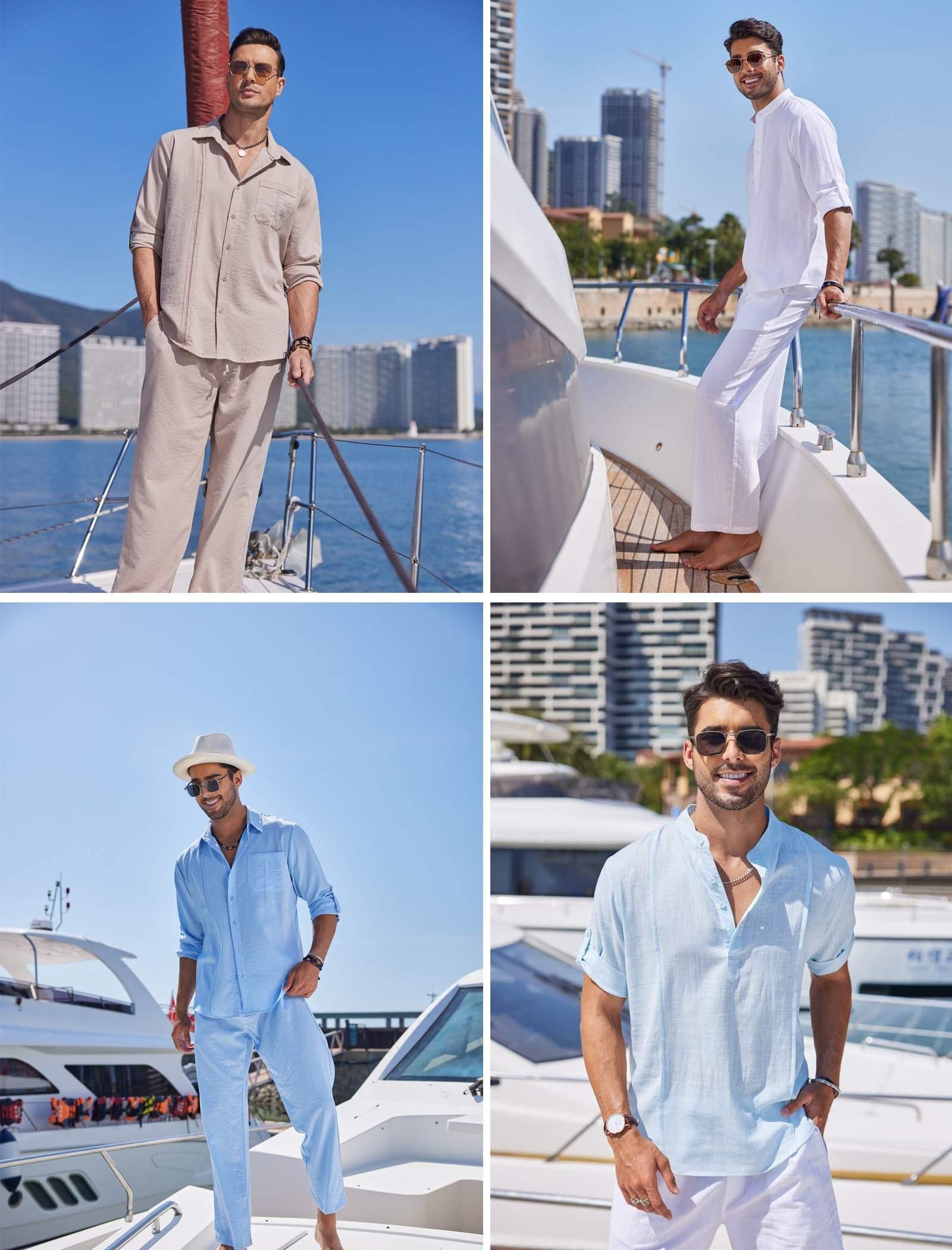 COOFANDY Guayabera Shirts for Men Long Sleeve Linen Cuban Shirts for Men Casual Button Down Shirts Beach Shirts Light Green