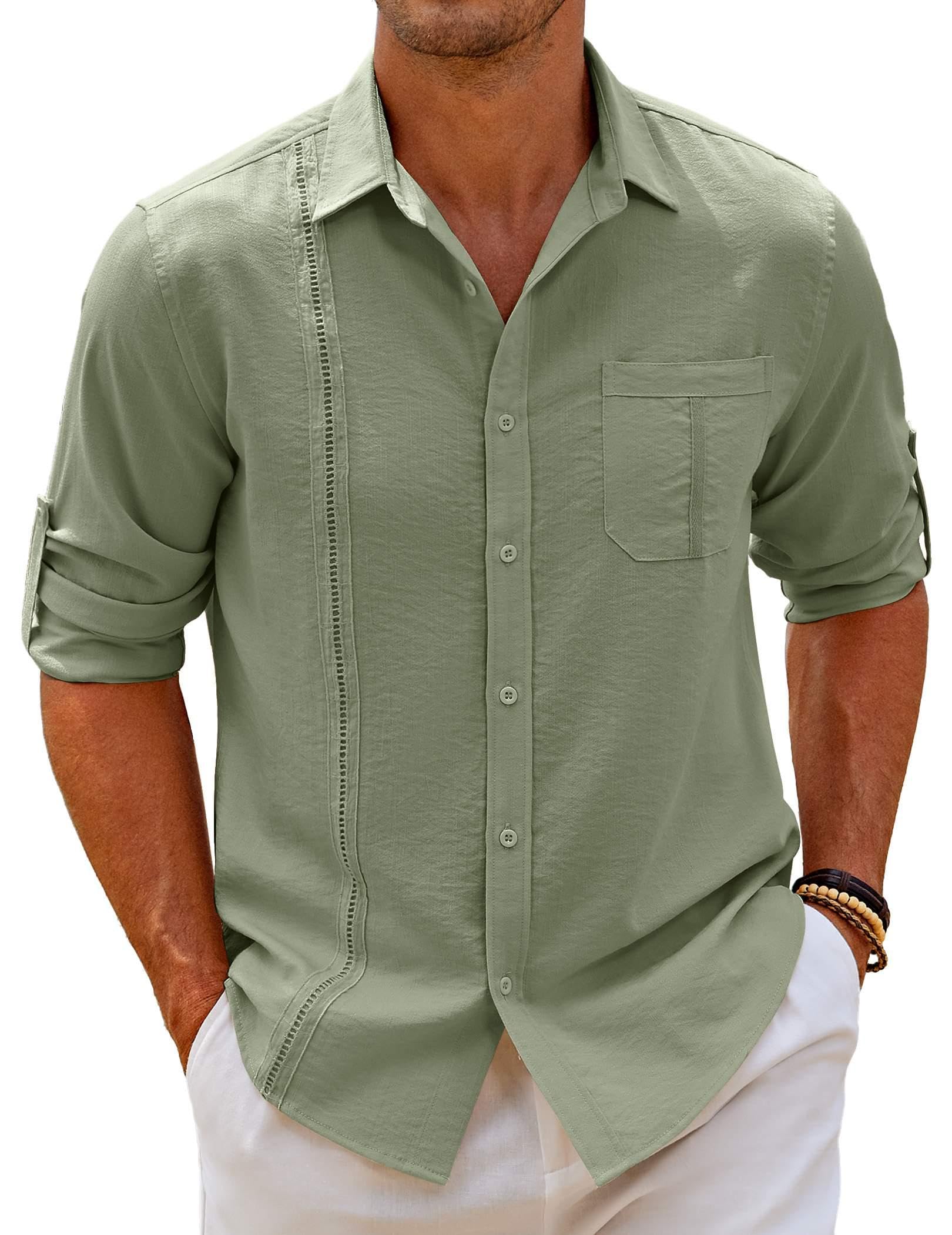 COOFANDY Guayabera Shirts for Men Long Sleeve Linen Cuban Shirts for Men Casual Button Down Shirts Beach Shirts Light Green