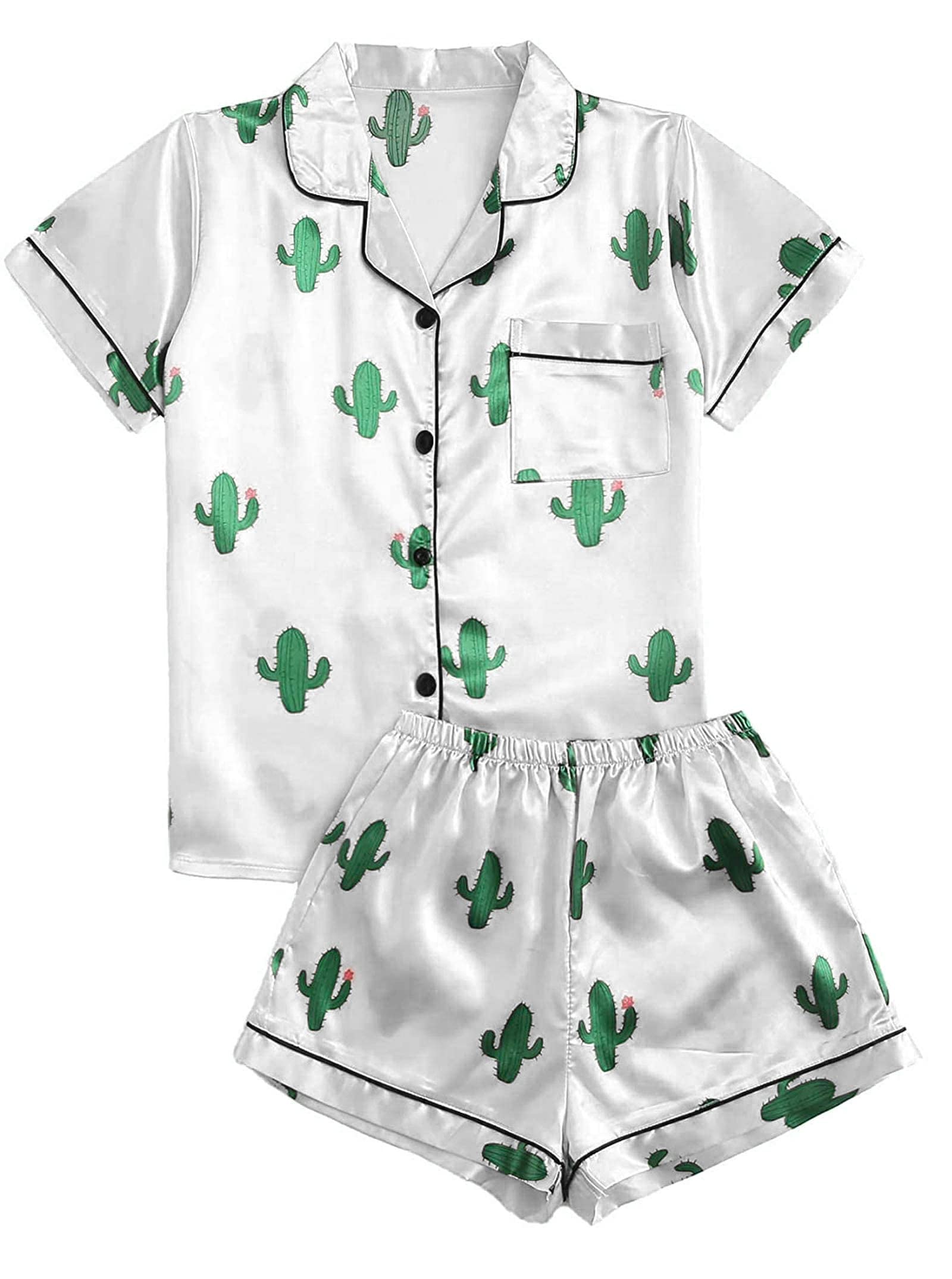 Remidoo Women's Short Sleeve Button Down Satin 2 Piece Pajama Set Sleepwear White Small
