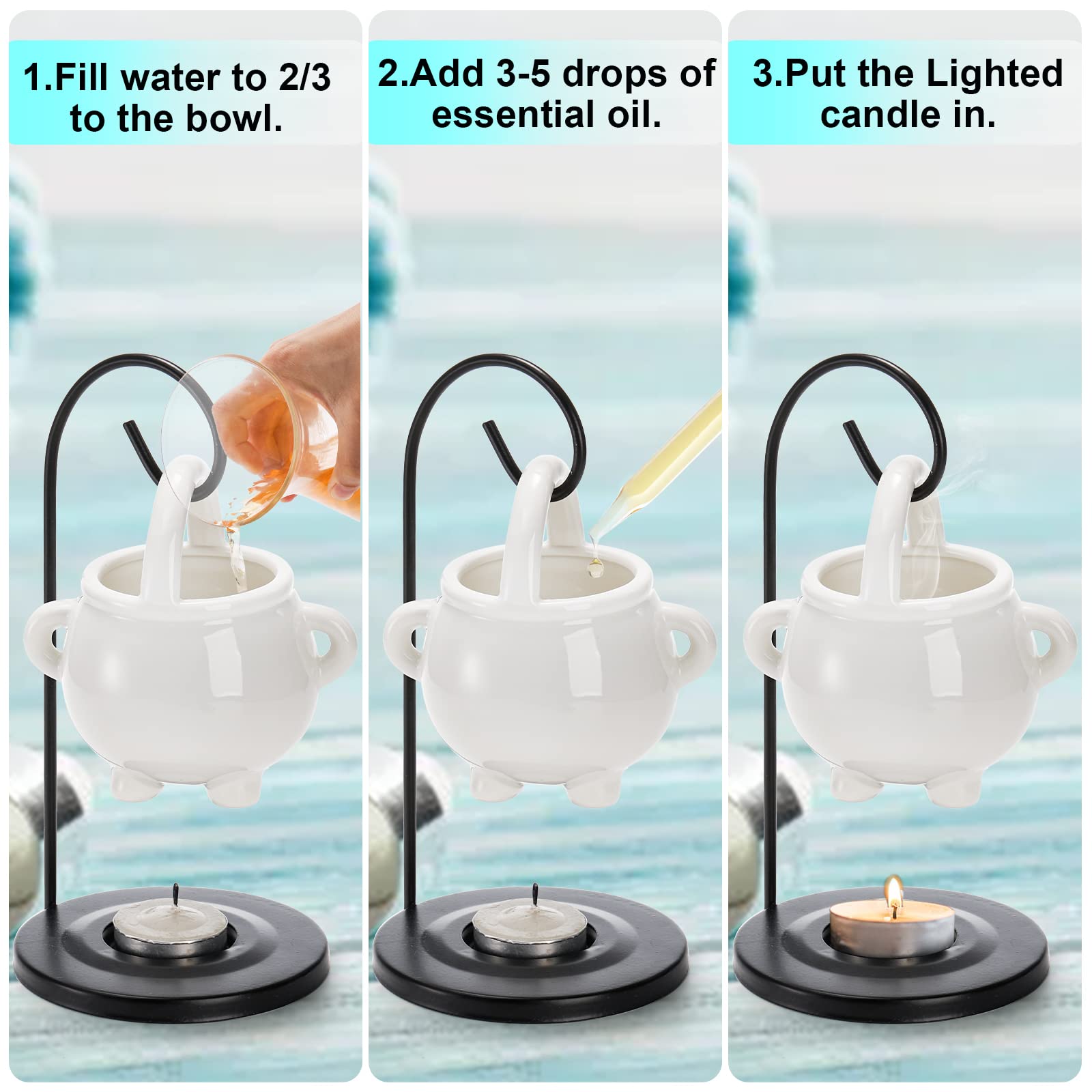 Jucoan 2 Pack Hanging Cauldron Oil Burner, Ceramic Essential Oil Wax Melt Burner Tealight, Witches Witchcraft for Halloween & Wiccan Rituals, Gothic Home Décor Gift