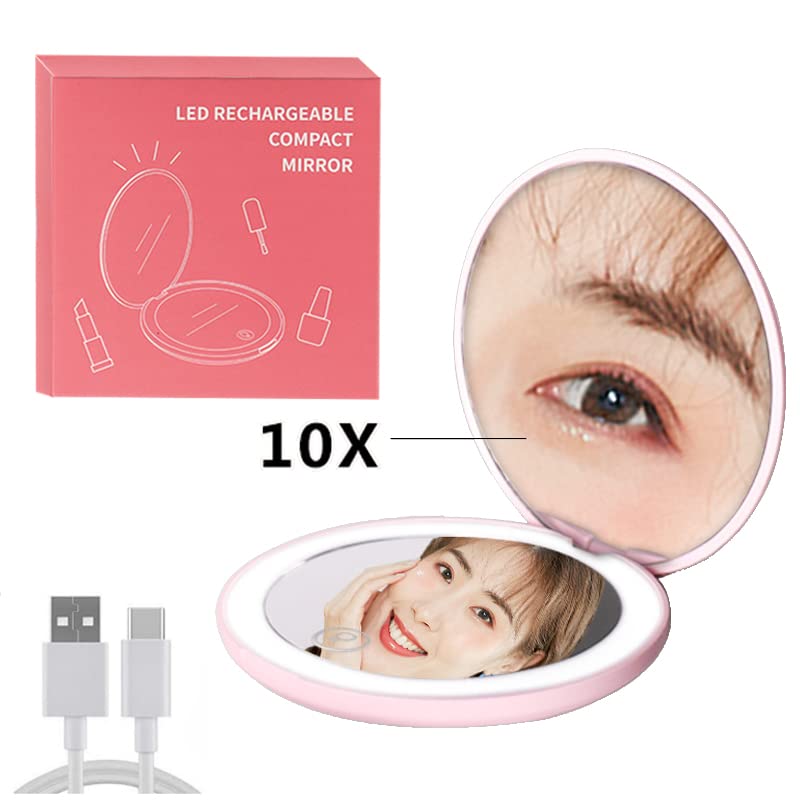 GUFAC LED Travel Makeup Mirror, 1x/10x Magnification Compact Mirror,Portable Mirror, 3.5 inch Folding Mirror,Handheld 2-Sided Mirror,Folding Travel Mirror for Handbag,Purse,Pocket,Round