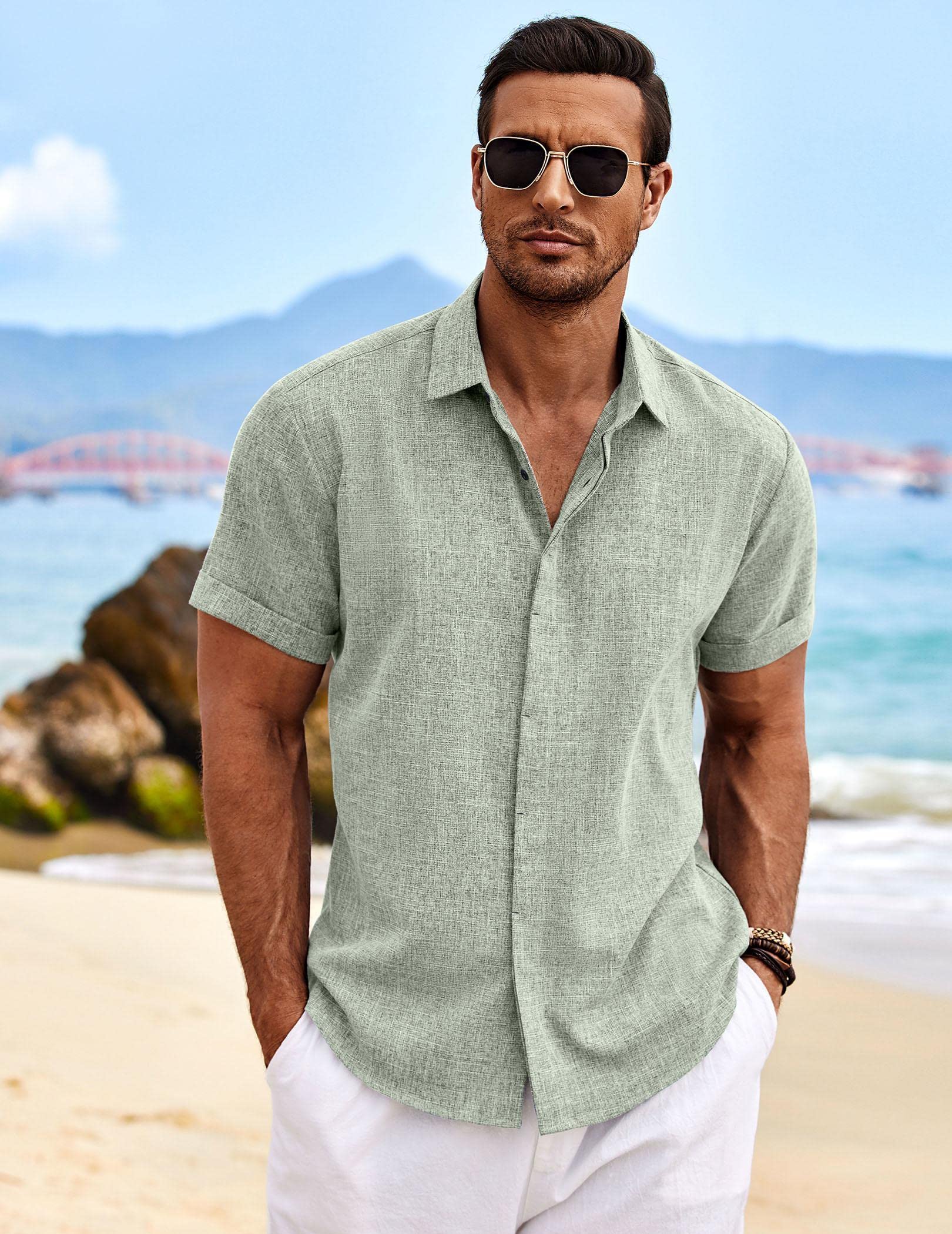 COOFANDY Men's Linen Casual Button up Shirt Slim Fit Free Wrinkle Untucked Shirts Light Green
