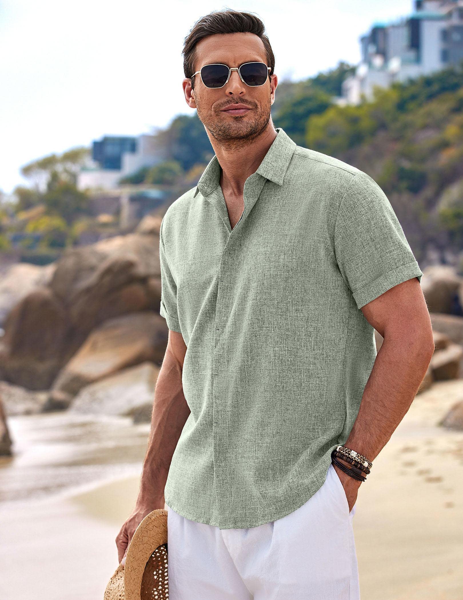 COOFANDY Men's Linen Casual Button up Shirt Slim Fit Free Wrinkle Untucked Shirts Light Green