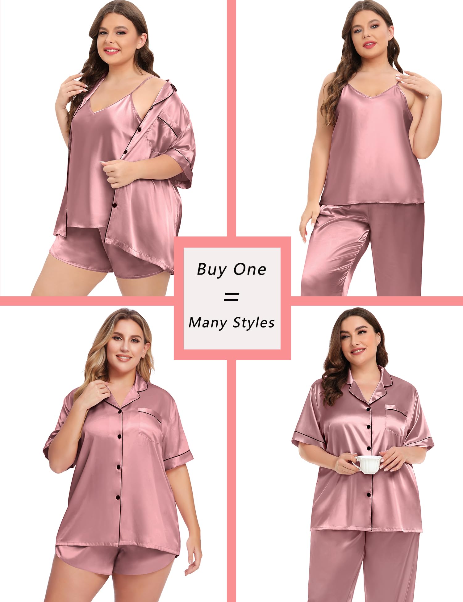 SWOMOG Women Plus Size Pajama Set 4pcs Silk Satin Sleepwear Button Down Pjs Cami Shorts Set Loose Loungewear 16W-26W Misty Rose