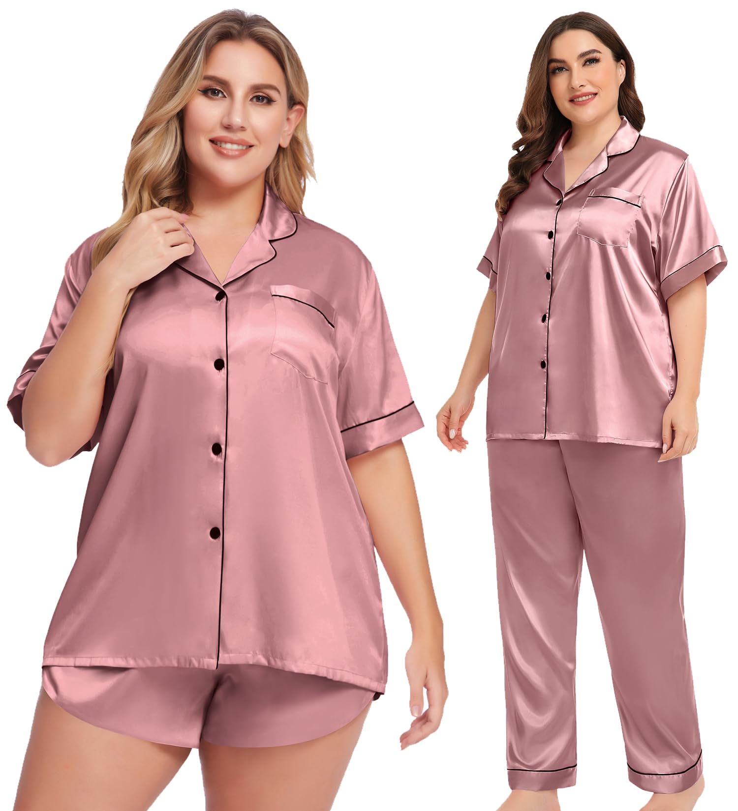 SWOMOG Women Plus Size Pajama Set 4pcs Silk Satin Sleepwear Button Down Pjs Cami Shorts Set Loose Loungewear 16W-26W Misty Rose