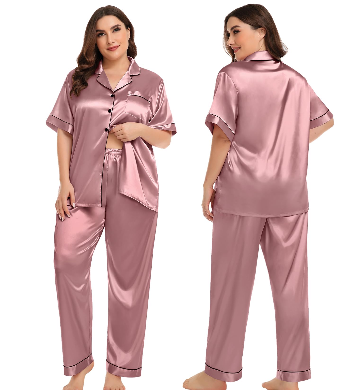 SWOMOG Women Plus Size Pajama Set 4pcs Silk Satin Sleepwear Button Down Pjs Cami Shorts Set Loose Loungewear 16W-26W Misty Rose