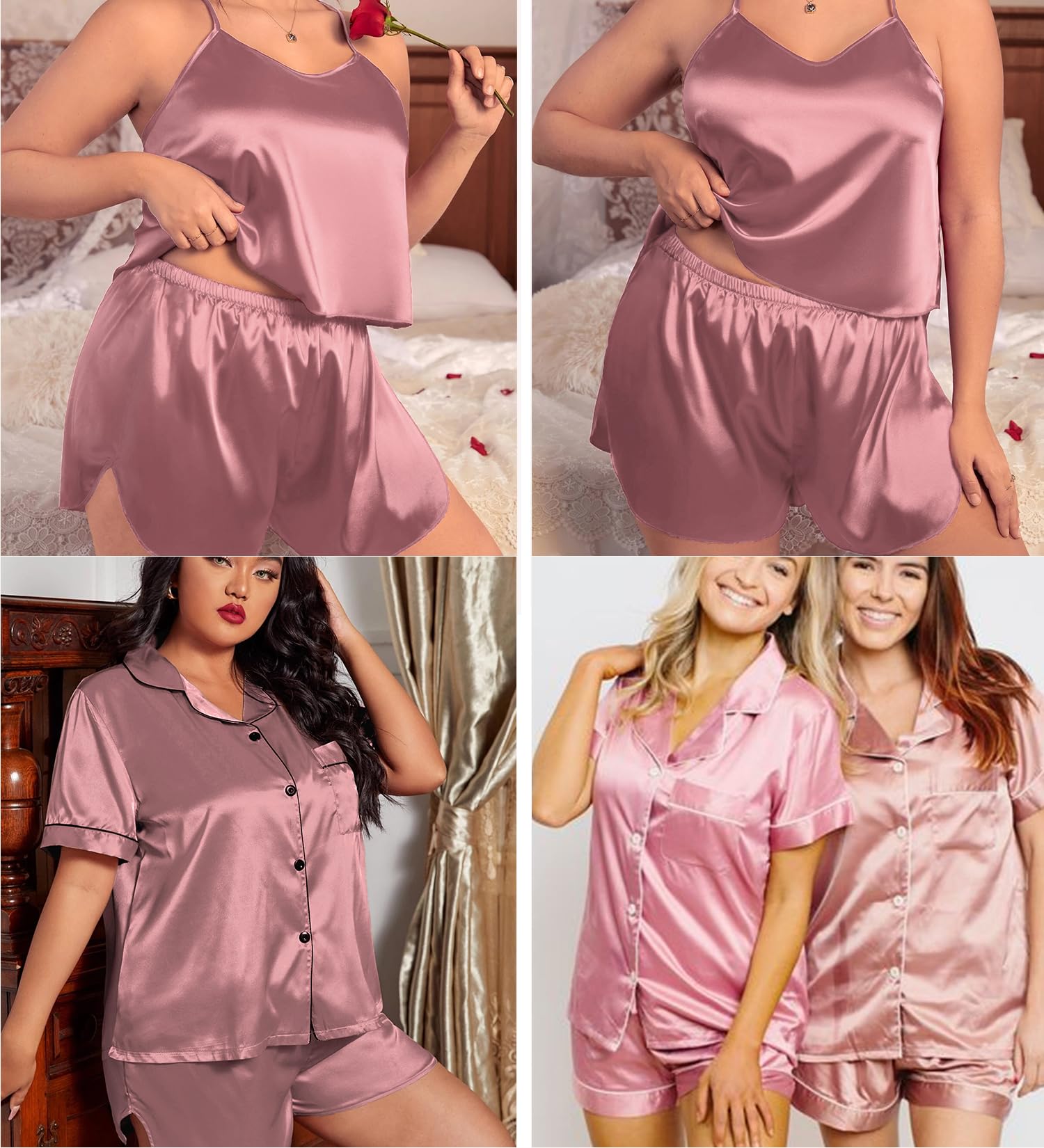 SWOMOG Women Plus Size Pajama Set 4pcs Silk Satin Sleepwear Button Down Pjs Cami Shorts Set Loose Loungewear 16W-26W Misty Rose