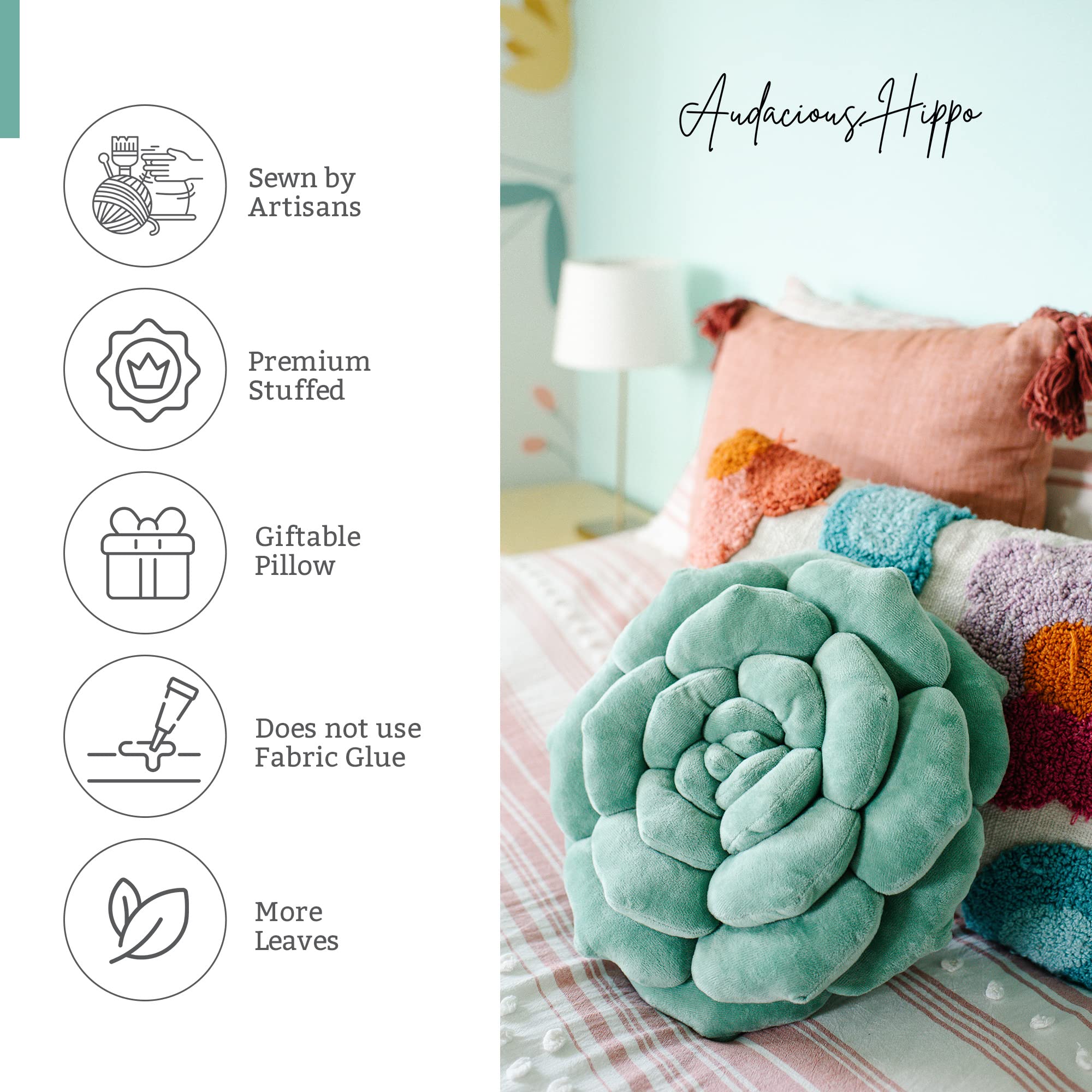 Audacious Hippo Succulent Pillow | Plant Room Decor | Double Stuffed Leaf Pillow for Couch Sofa Plush Outside Cotton Filling | Hand Stitched Flower Decorative Throw Pillows