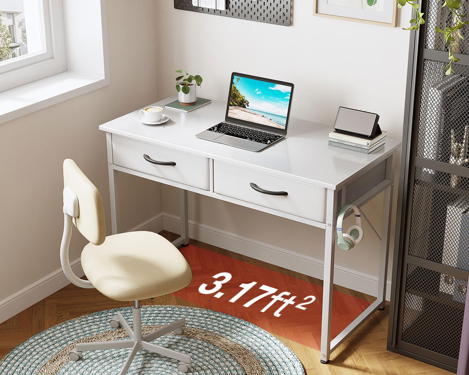 ODK 40 Inch Small Desk with Fabric Drawers- for Bedroom, White Vanity Desk with Storage, Home Office Computer Desk for Small Spaces, Modern Work Writing Study Table, White