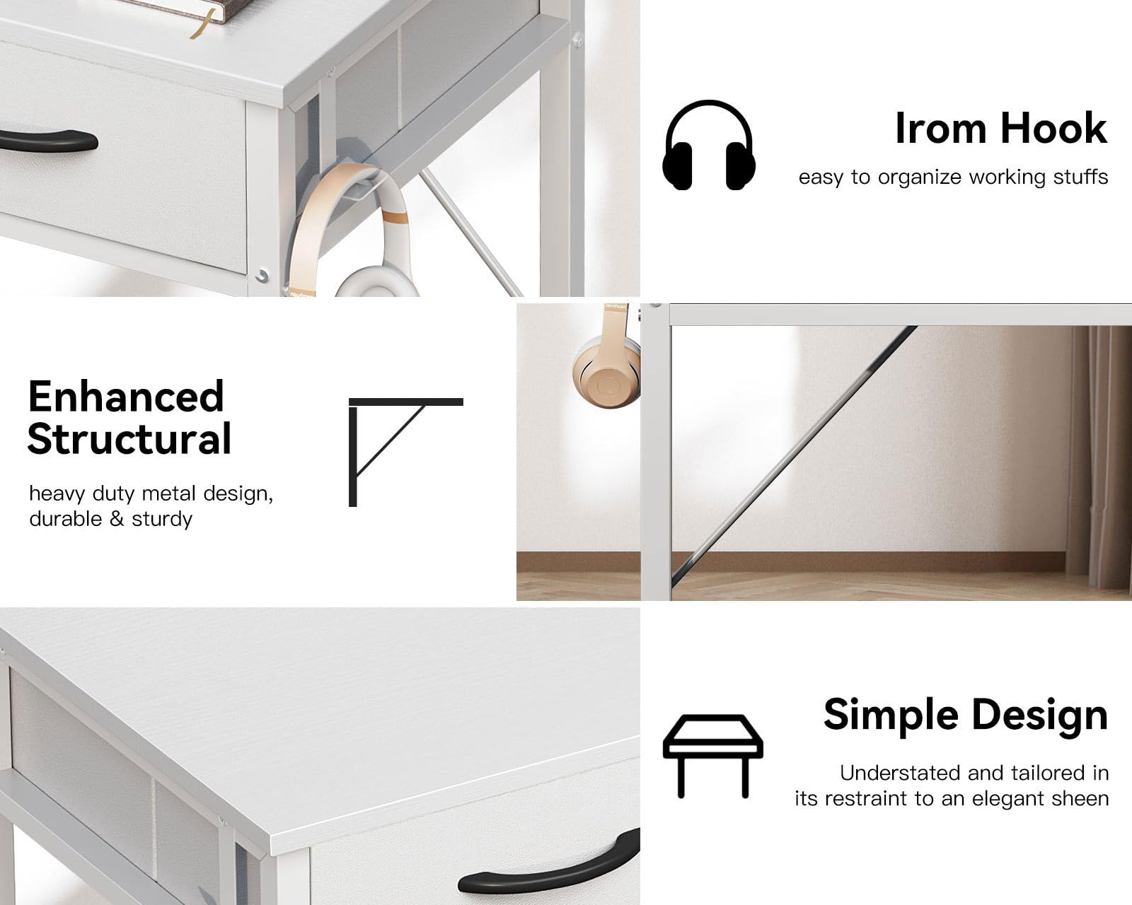 ODK 40 Inch Small Desk with Fabric Drawers- for Bedroom, White Vanity Desk with Storage, Home Office Computer Desk for Small Spaces, Modern Work Writing Study Table, White
