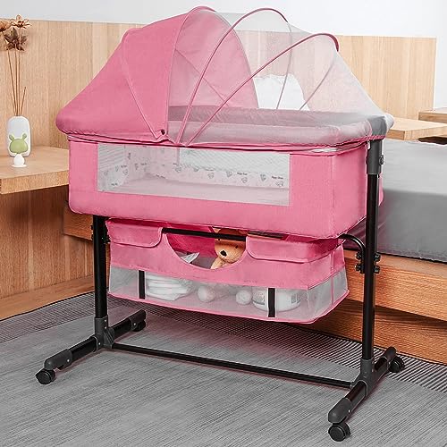 RICUTON Bassinet Bedside Sleeper, 3 in 1 Bedside Bassinet for Baby with Mosquito Nets and Wheels, Large Storage Bag, Heigt Adjustable, Easy Assemble