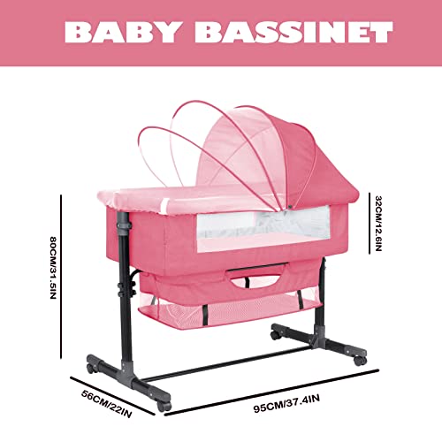 RICUTON Bassinet Bedside Sleeper, 3 in 1 Bedside Bassinet for Baby with Mosquito Nets and Wheels, Large Storage Bag, Heigt Adjustable, Easy Assemble