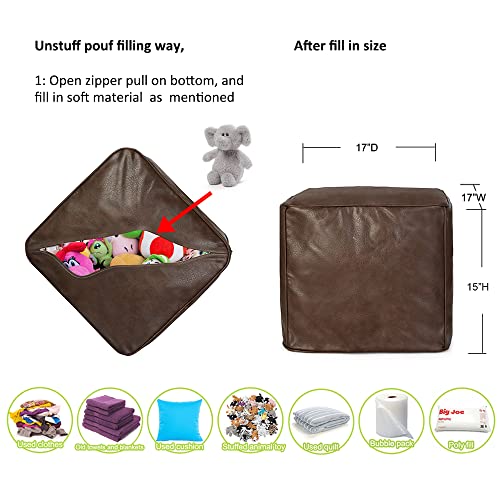 ROTOT Ottoman Pouf Square Shape, Foot Rest Faux PU Leather, Unstuffed Bean Bag Shell for Storage Solution, Hassock Pouffe Decoration for Living Room Balcony Office Outdoor (Chest Nut)