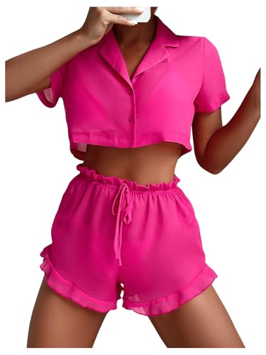 Milumia Women's Drawstring Ruffle Hem Sheer Mesh Beach Swim Cover Up Shorts Hot Pink Large